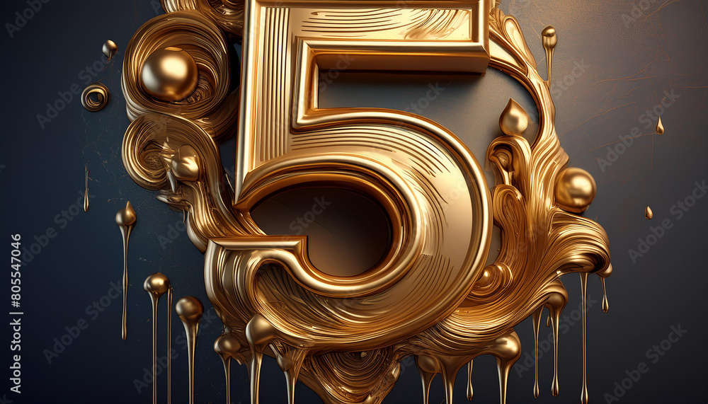 number 5 in golden drip effect, shiny metallic, logo, hyper realistic ...
