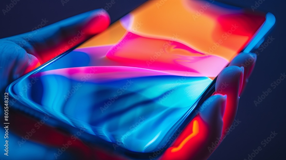 The hand holds a realistic cell phone with a bright screen saver on the ...