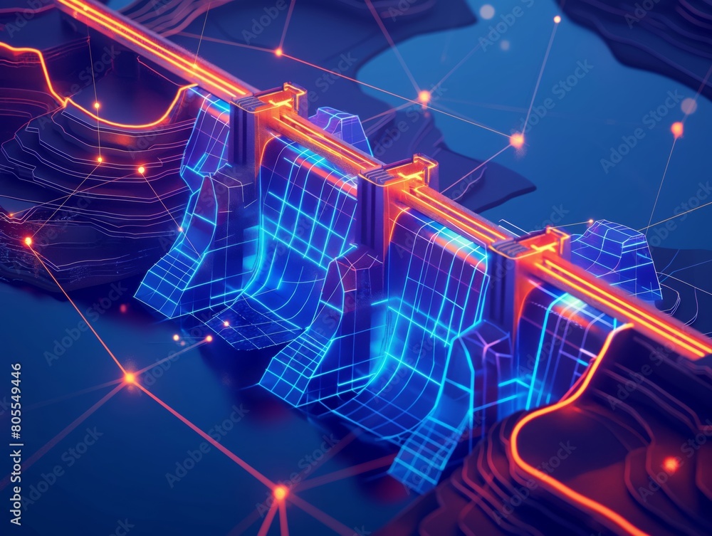 Neural lowpoly AI futuristic neon network of isometric dam Stock ...