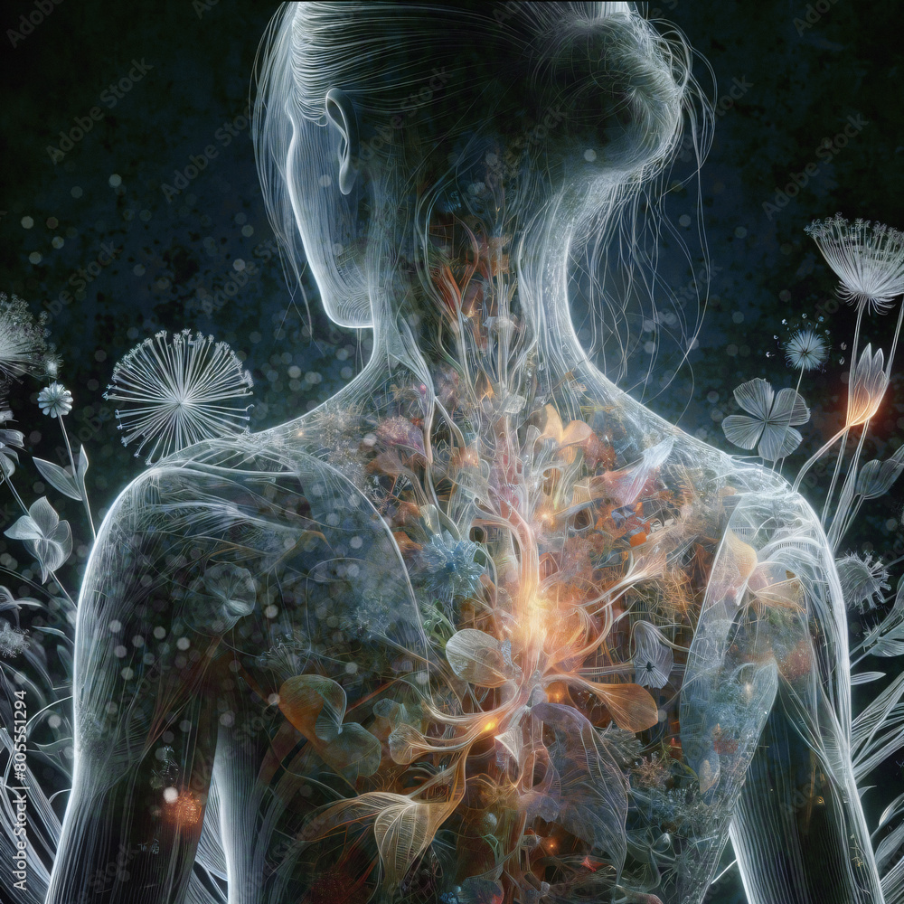 Female human torso on the back made of natural particles and patterns ...