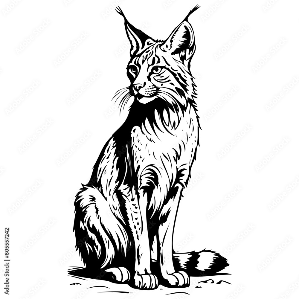 Monochrome Balkan Lynx sketch, realistic animal monochrome drawing ...
