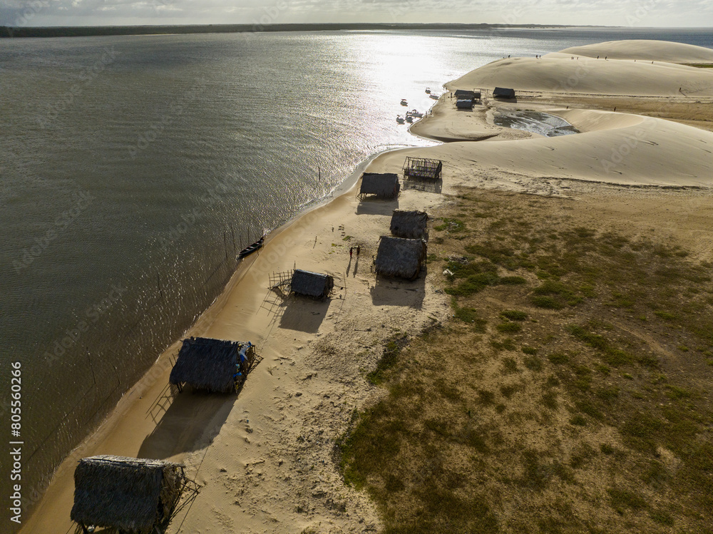 Aerial view of Parque da Dunas - Ilha das Canarias, Brazil. Huts on the Delta do Parnaíba and ...