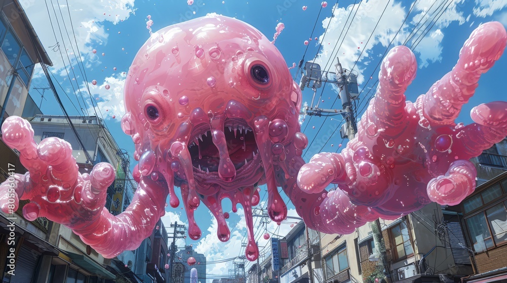 A cute pink slime with purple spots flying through the air, held in the ...