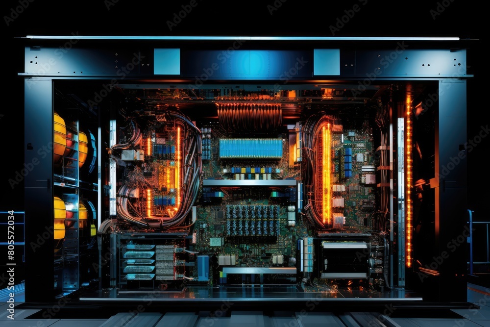 Interior of a modern data center showing a series of server racks lined ...