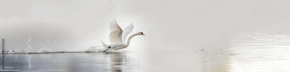 A white swan lifts gracefully off from the water, creating a ...