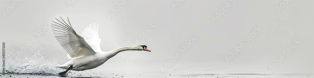 A white swan lifts gracefully off from the water, creating a ...