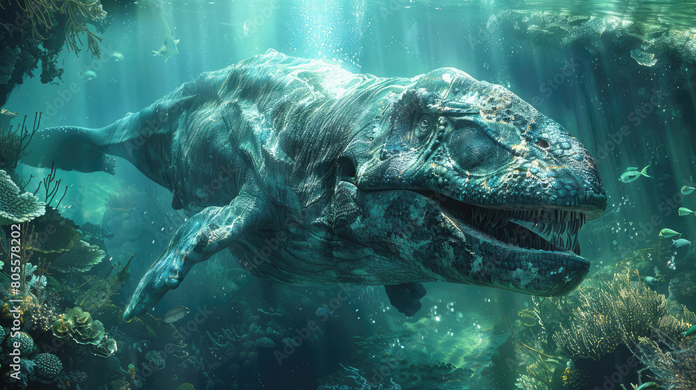 underwater scene depicting a Mosasaurus, a fearsome marine reptile from ...