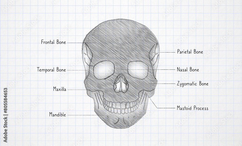 Hand Drawing Anatomy Diagram of Cranial Bones Stock Illustration ...