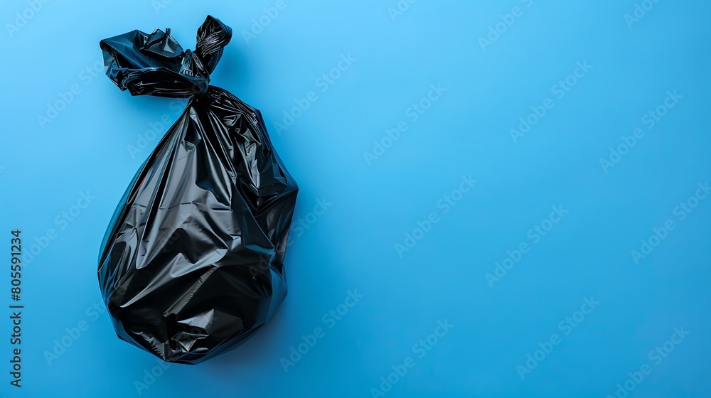 Black plastic garbage bag on a blue background. Waste disposal concept ...