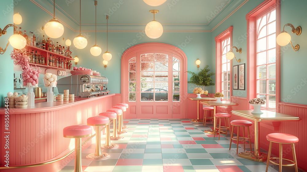 Fotka „Cute vintage ice cream parlor interior with a pink and turquoise ...