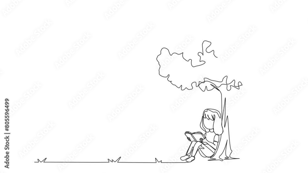 Animation of single line drawing girl sitting reading a book under a ...