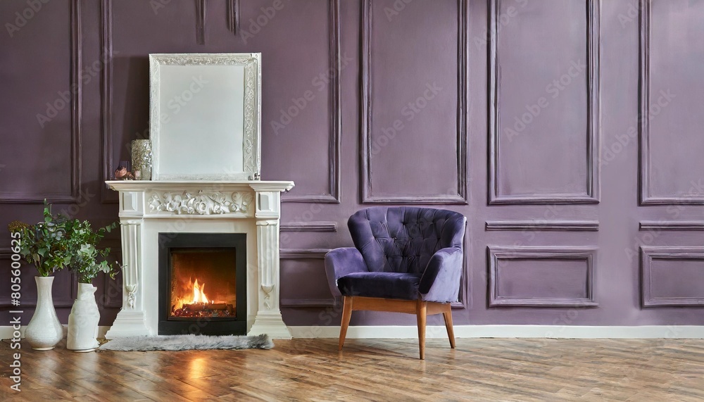 modern classic purple interior with fireplace wall panels wooden floor ...