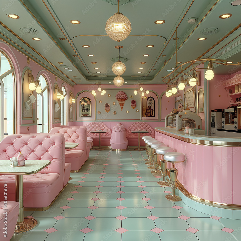 Cute vintage ice cream parlor interior with a pink and turquoise color ...