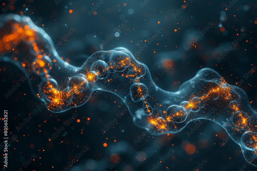 A 3D rendering of a twisting DNA helix brightly lit with orange ...