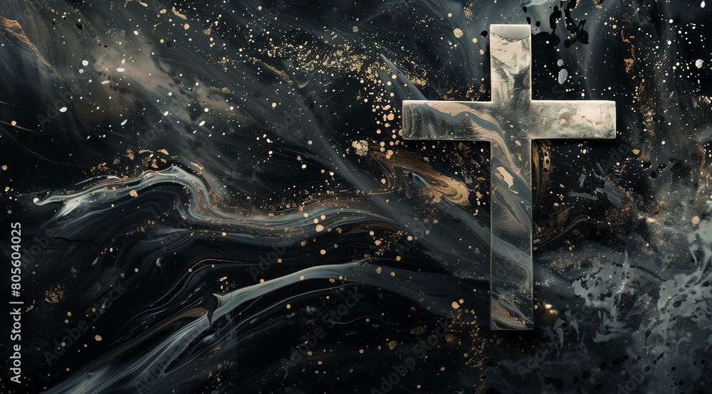A silver cross on the right side of an abstract dark background with ...