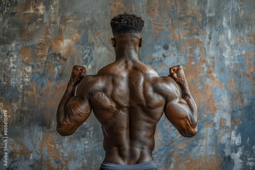 A strong bodybuilder with rippling back muscles and well-defined ...
