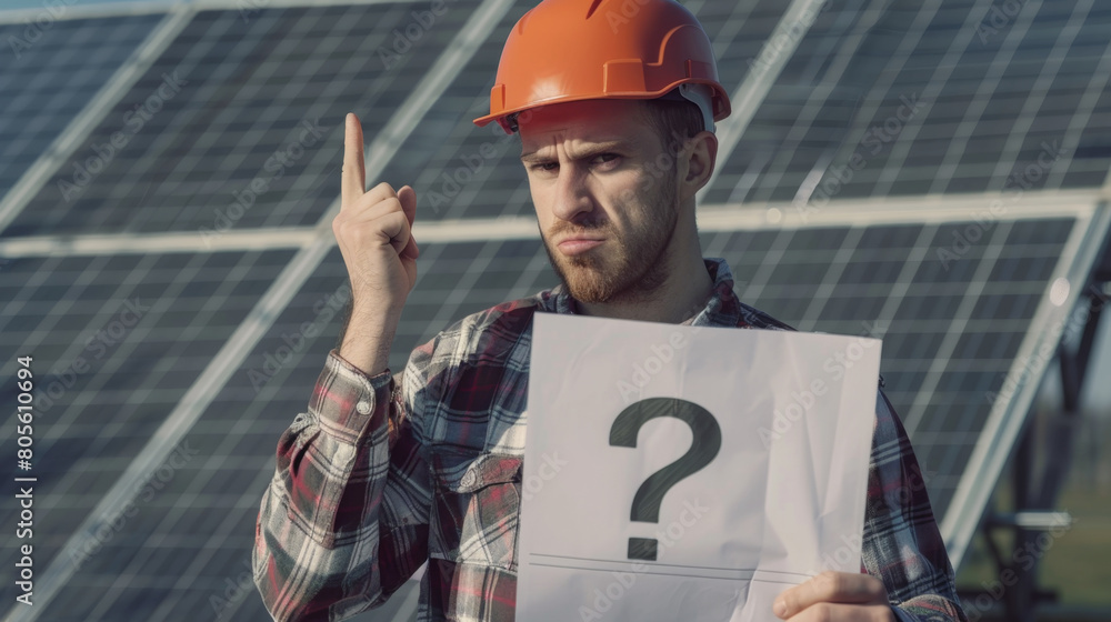 Scared man in hard hat holding paper with question mark and finger up ...