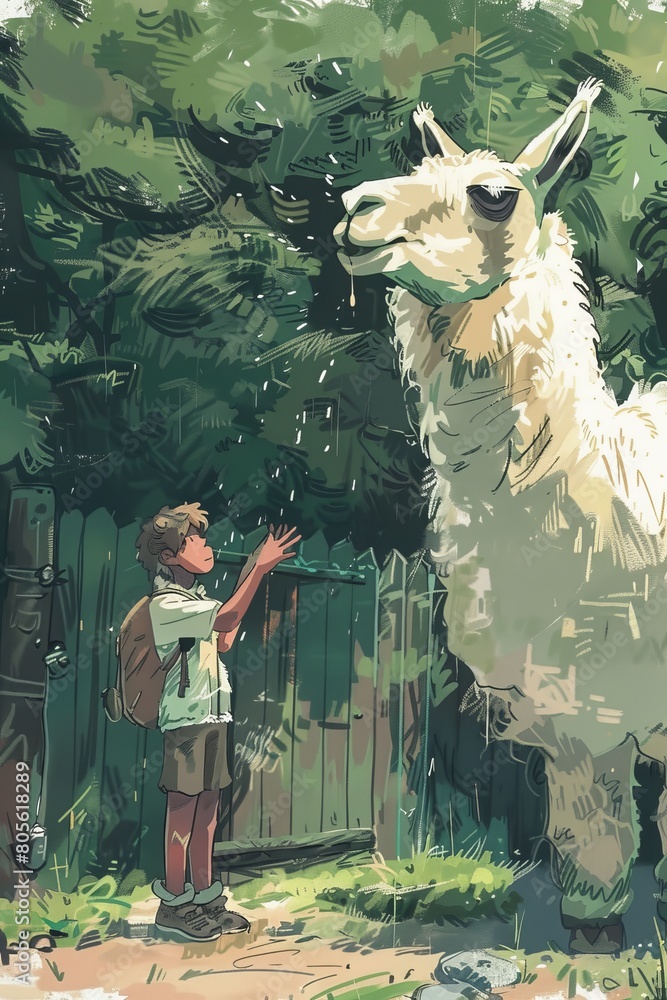 A young boy standing beside a white llama. The boy and llama are both ...