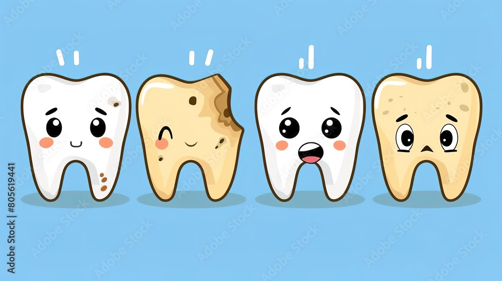 A set of four cartoon teeth characters with different expressions Stock ...