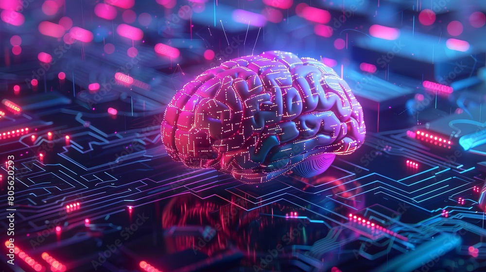 Neon digital brain in futuristic circuit board environment. Glowing ...