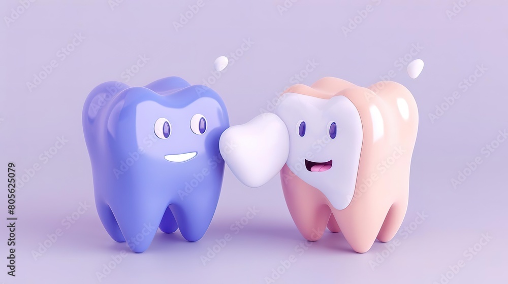 A pair of 3D cartoon teeth characters, one blue and one pink. The blue ...