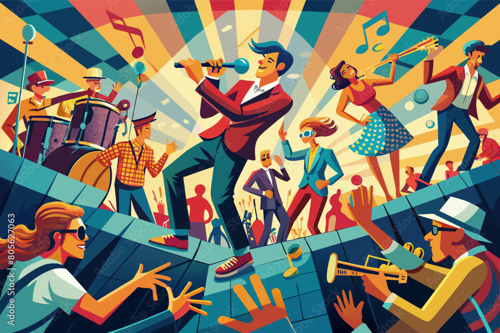 illustration band performing on stage with a male singer in a top hat ...