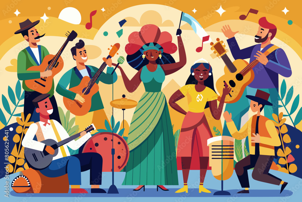 Colorful illustration of a diverse group of seven musicians, including ...