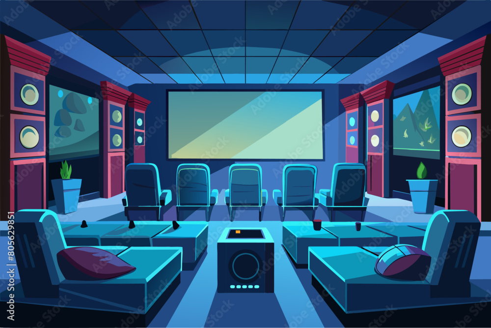 Illustration of a modern home theater room with multiple seats, a large ...