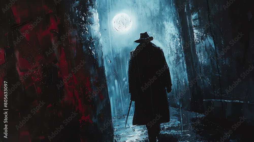 Craft a traditional acrylic painting of a noir-style detective in a ...
