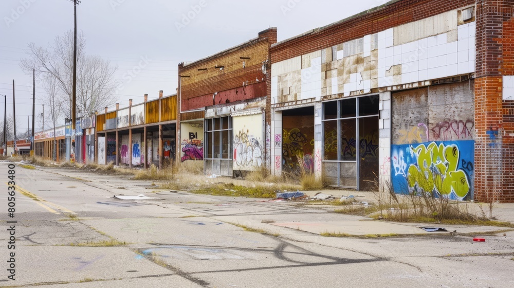 A barren wasteland of empty storefronts and abandoned buildings, with ...
