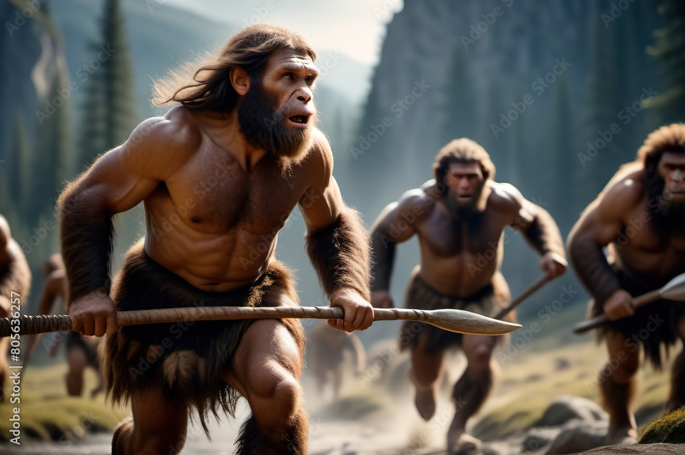 A crowd of warlike Neanderthals on the hunt, running with spears for ...