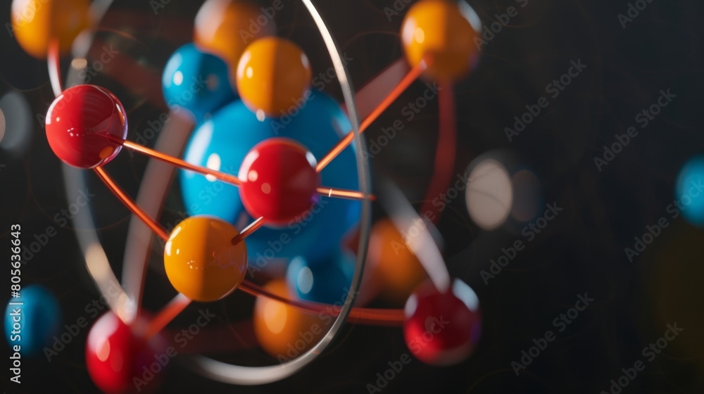 A scale model of an atom with each particle represented by a different ...