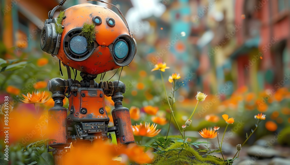 Imagine a surreal scene where tiny robotic creatures roam a colorful ...