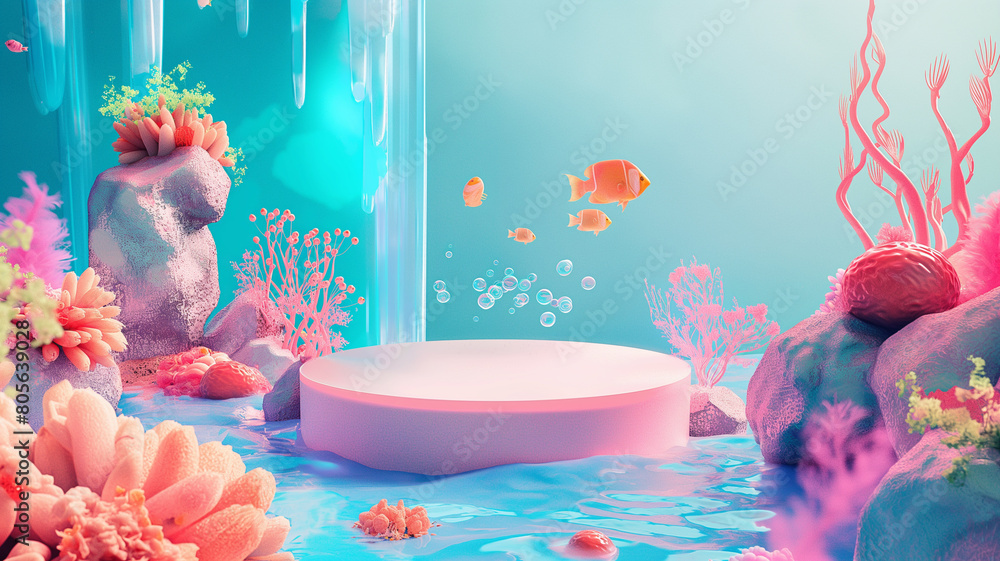 marine theme scene design with round podium, bright and colorful ...