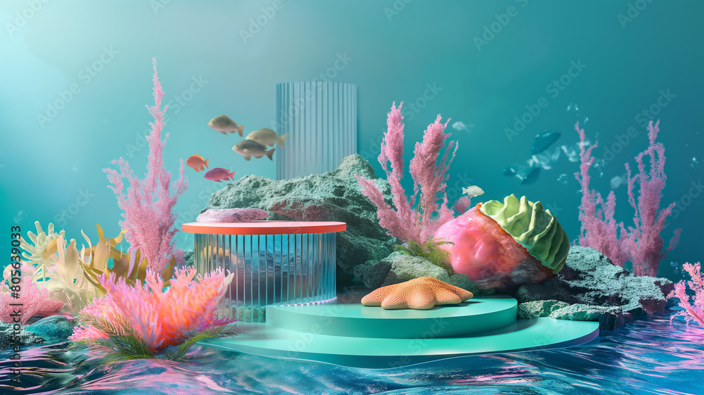 marine theme scene design with round podium, bright and colorful ...