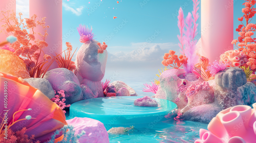 marine theme scene design with round podium, bright and colorful ...