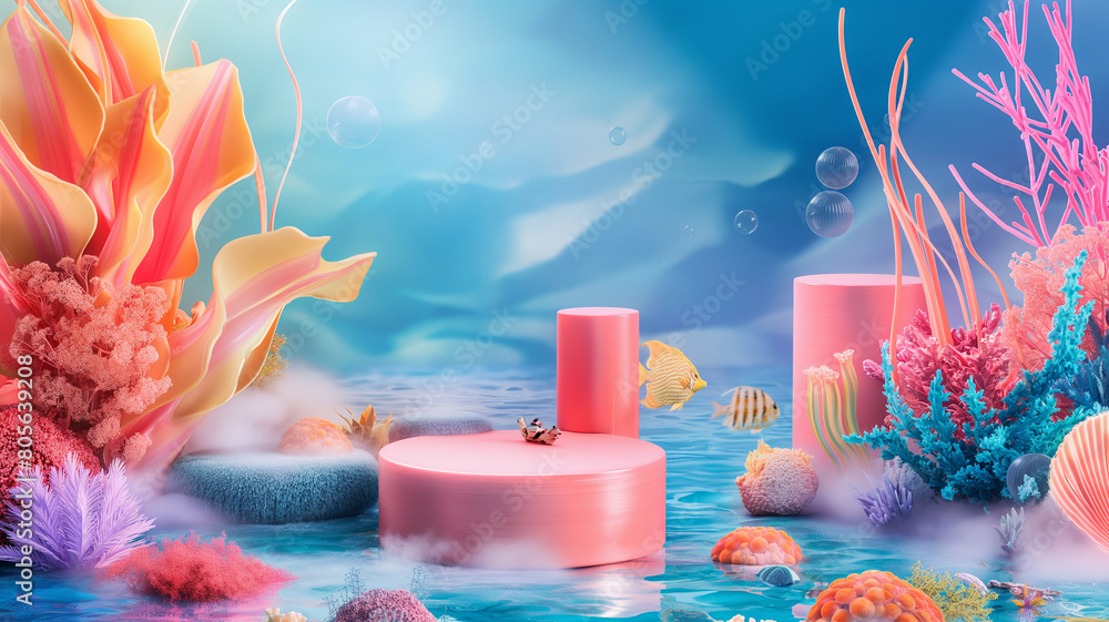 marine theme scene design with round podium, bright and colorful ...