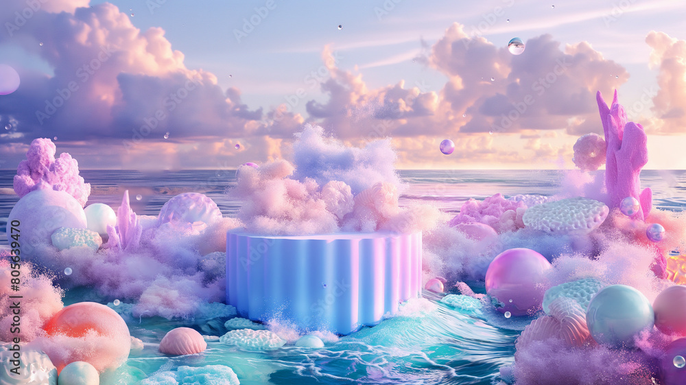 marine theme scene design with round podium, bright and colorful ...