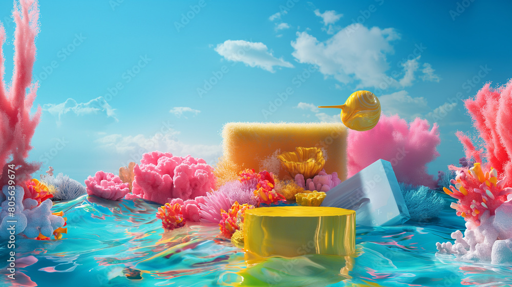 marine theme scene design with round podium, bright and colorful ...