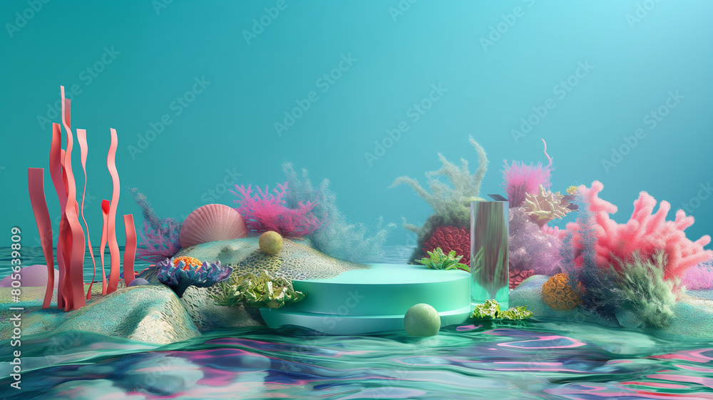 marine theme scene design with round podium, bright and colorful ...