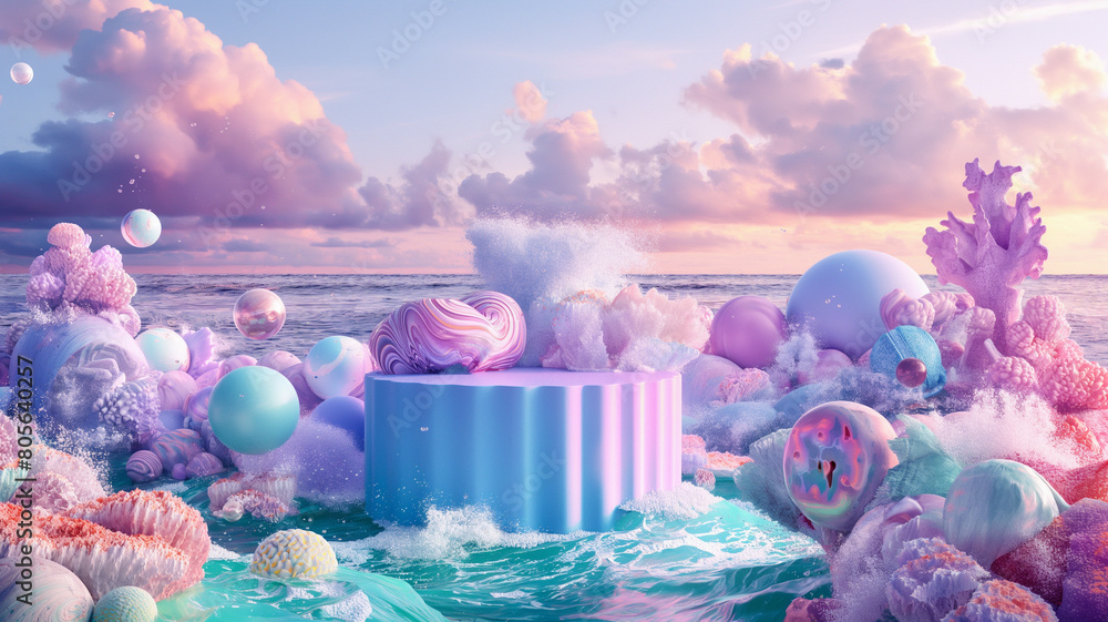marine theme scene design with round podium, bright and colorful ...