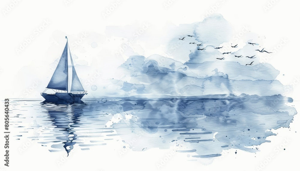 A watercolor painting of a minimalistic sailboat drifting on a serene ...