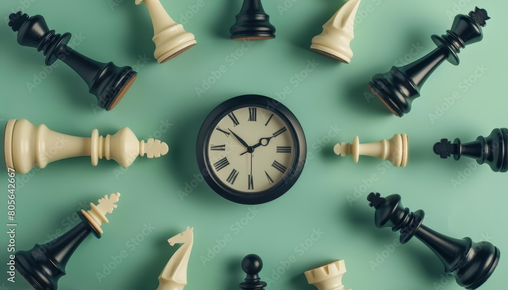 The creative flat lay template of different chess strategies and timers ...