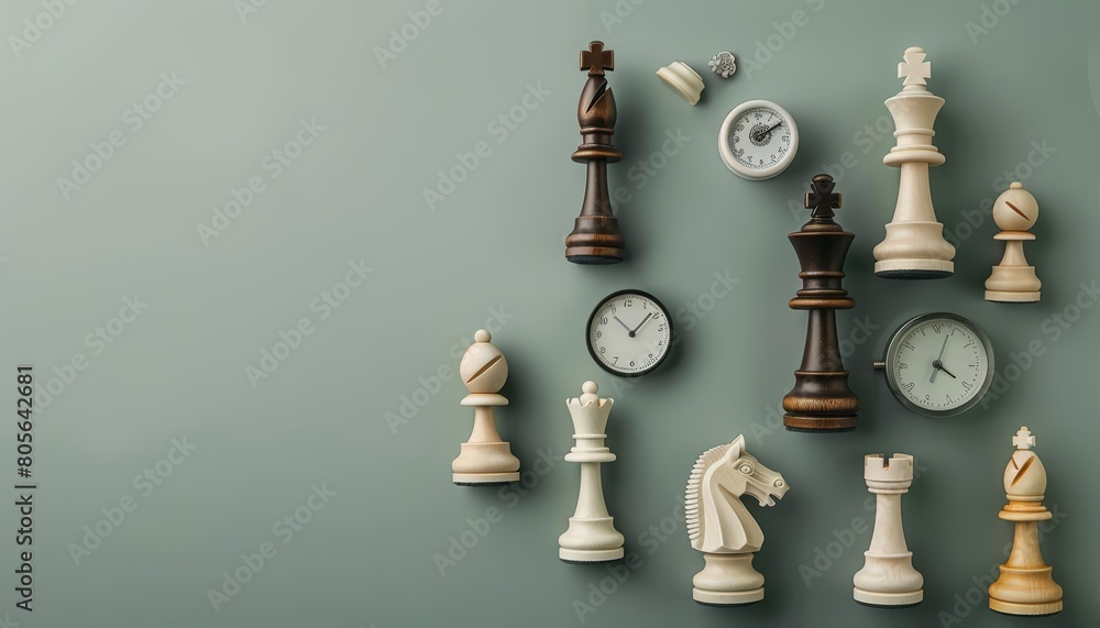The creative flat lay template of different chess strategies and timers ...