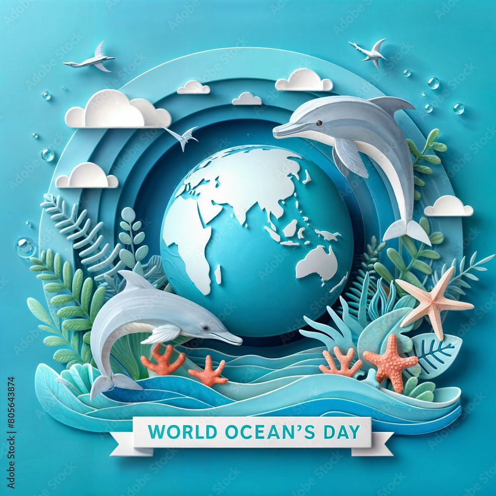 3d world ocean's day paper art with dolphin and cora , blue background ...