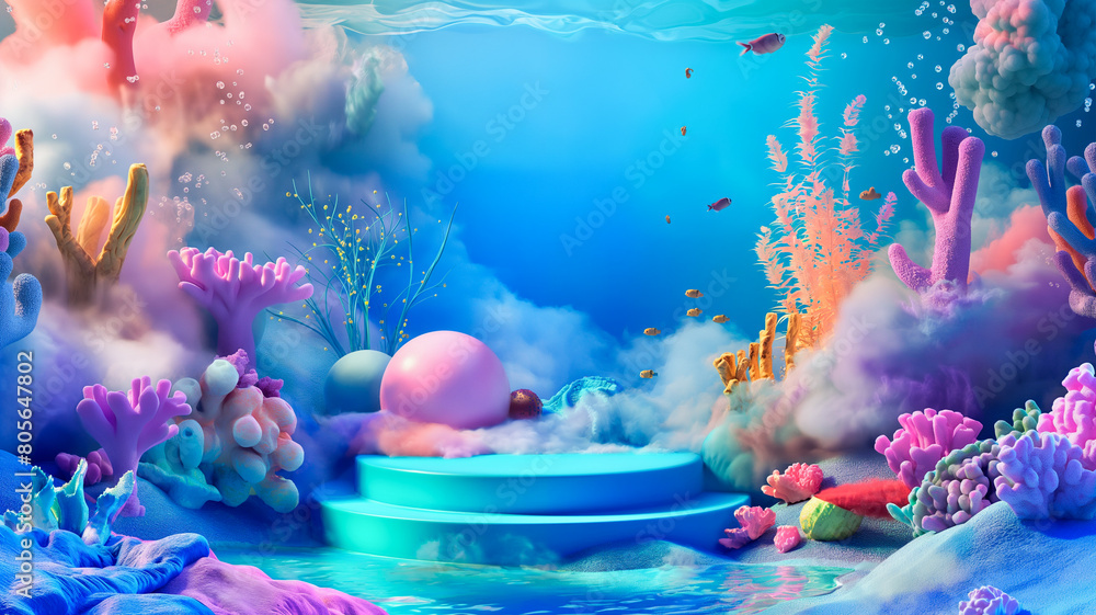 marine and Sea beach theme scene design with round podium, bright and ...