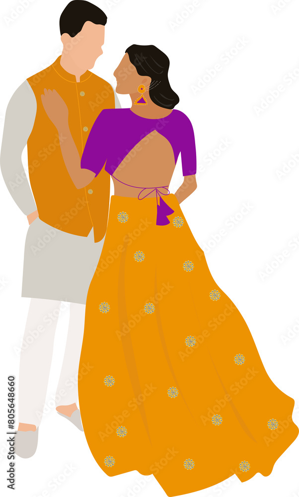Indian wedding Couple Haldi ceremony vector portrait for Haldi invite ...