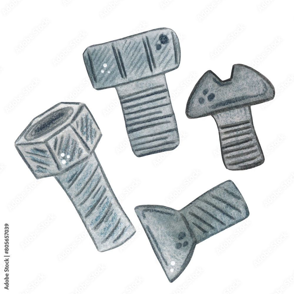 Set of bolts, fastening, mechanism part. Watercolor illustration in ...