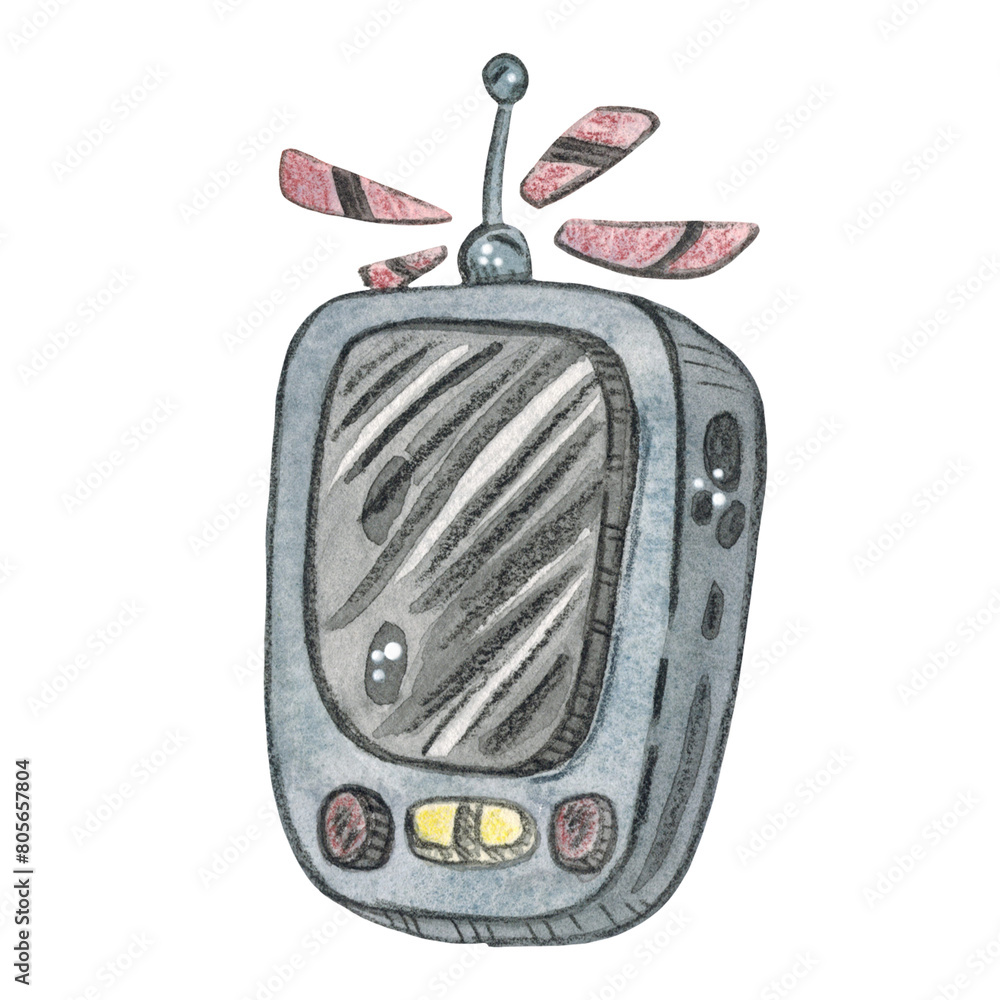 Isolate, flying robot, control panel. Hand drawn watercolor ...