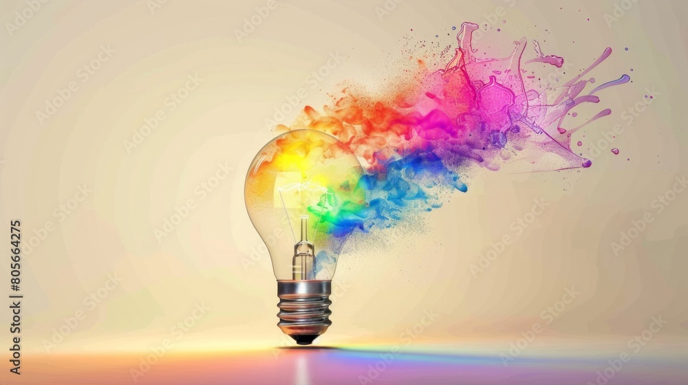A lightbulb bursts with a rainbow of colors, representing a burst of ...